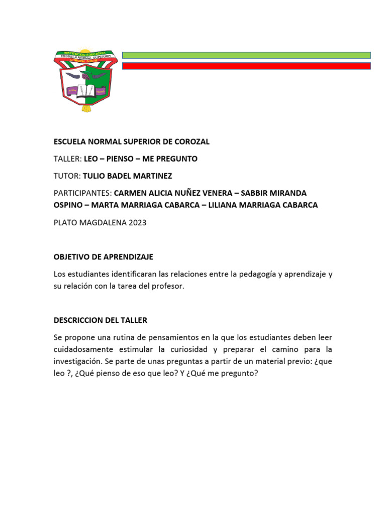 Taller Leo Pienso y Me Pregunto | PDF | Aprendizaje | Maestros