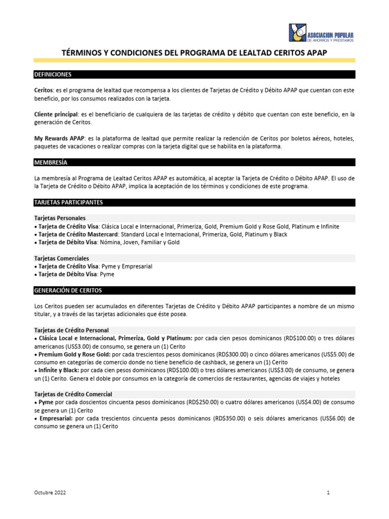 Terminos Condiciones Programa de Lealtad Ceritos 2022 | PDF