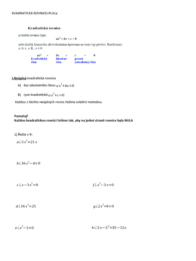 31a) Kvadratická Rovnice PL31a | PDF