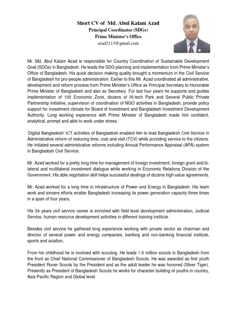 CV SDG Pcoord Azad 150119 | PDF | Bangladesh | Economies