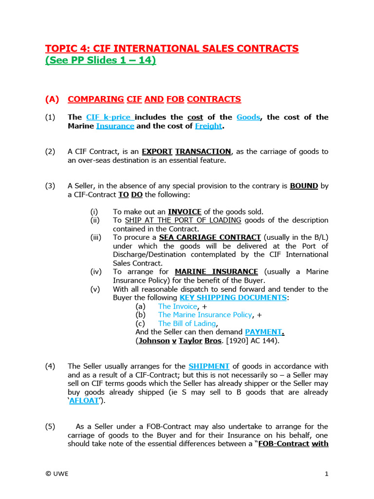 LLB LIT - Topic 4 - CIF(1) | PDF | Bill Of Lading | Business Law