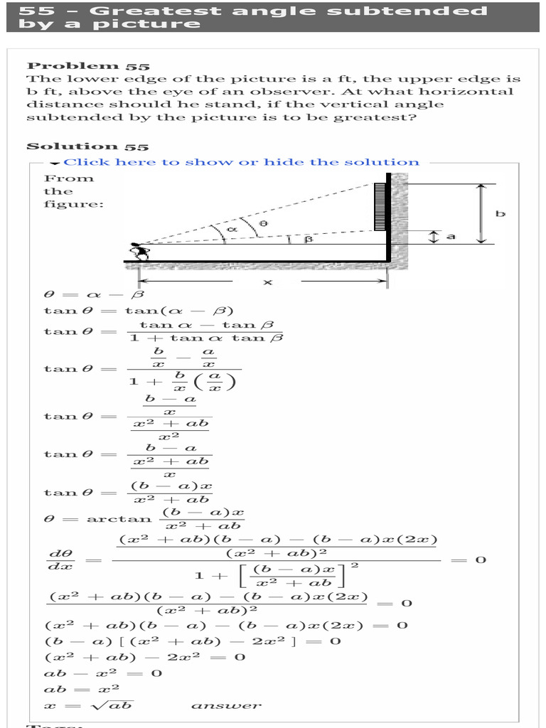 55 - Greatest Angle Subtended by A Picture Differential Calculus Review ...