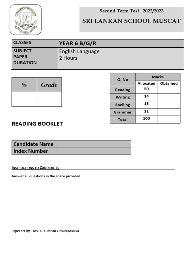 Year 6 - English Language - Second Term Test 2022-23 | PDF | Human ...