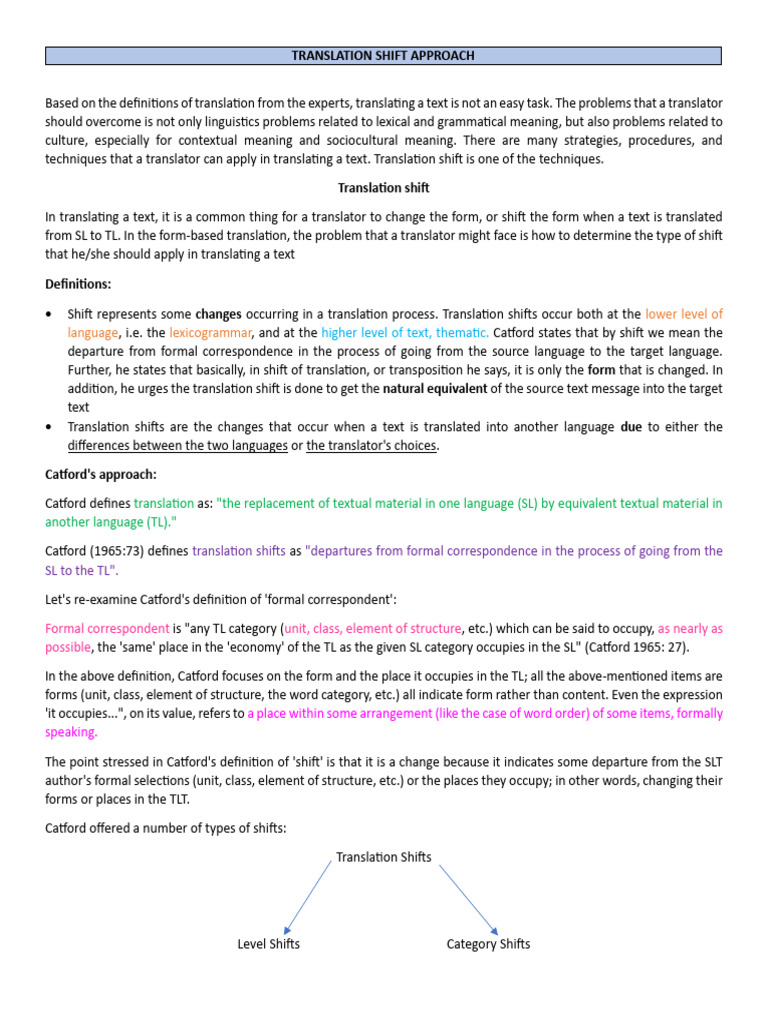 Translation Shift Approach | PDF | Translations | Grammatical Gender