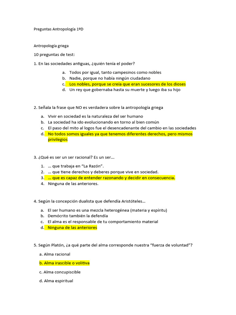 Preguntas Antropología 1º D Revisado | PDF | Alma | Aristóteles