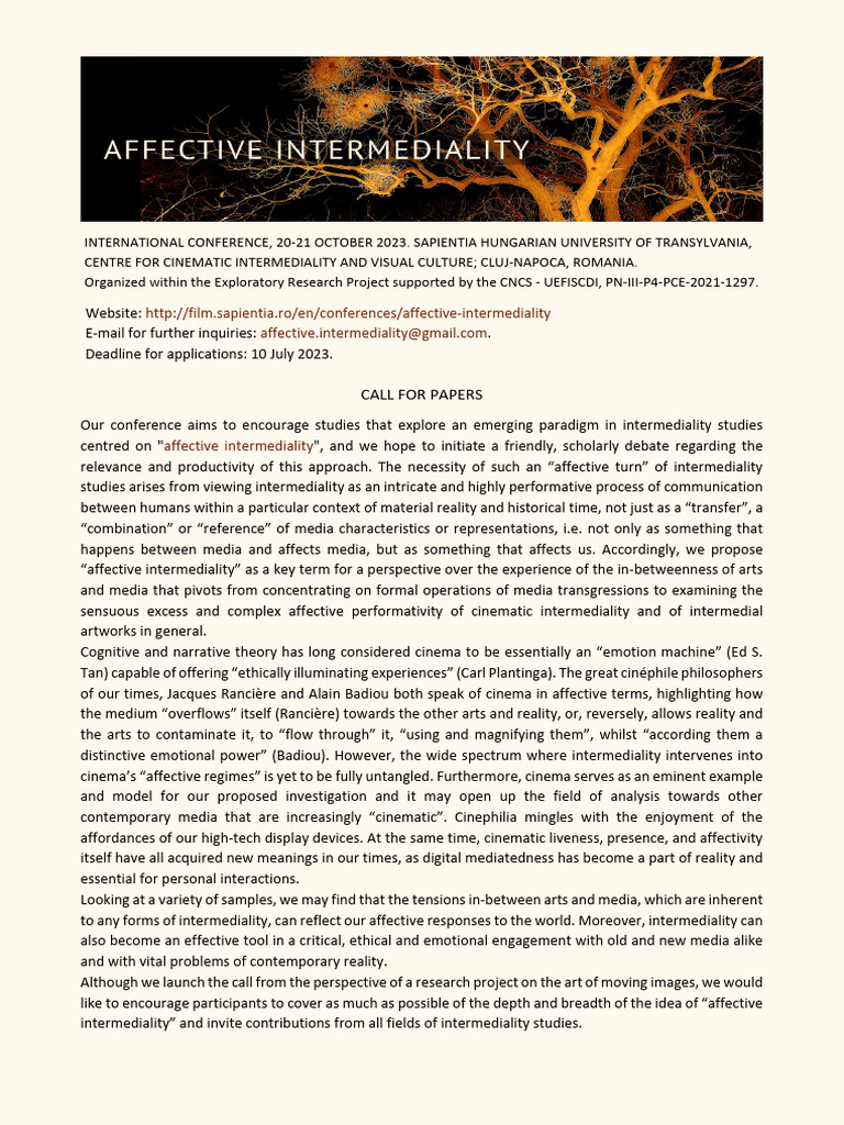 2023.affective Intermediality Conf - CFP | PDF | Affect (Psychology ...