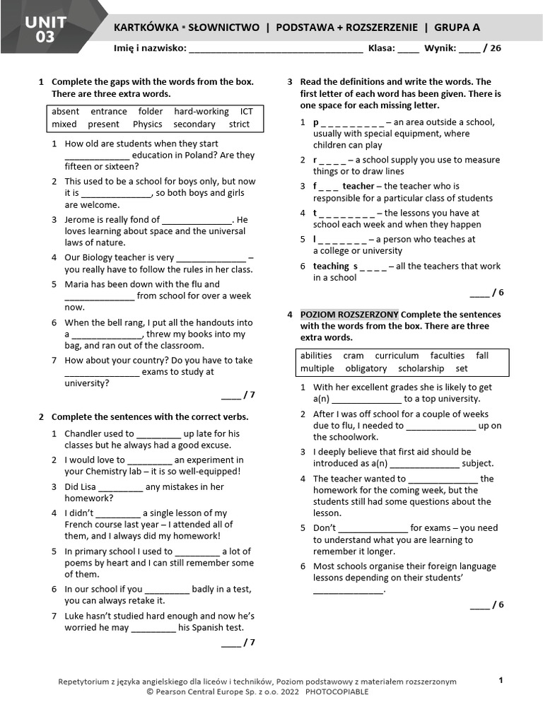 RepetMat U03 Kartk Slow Podst Rozsz A | PDF | Schools | Learning