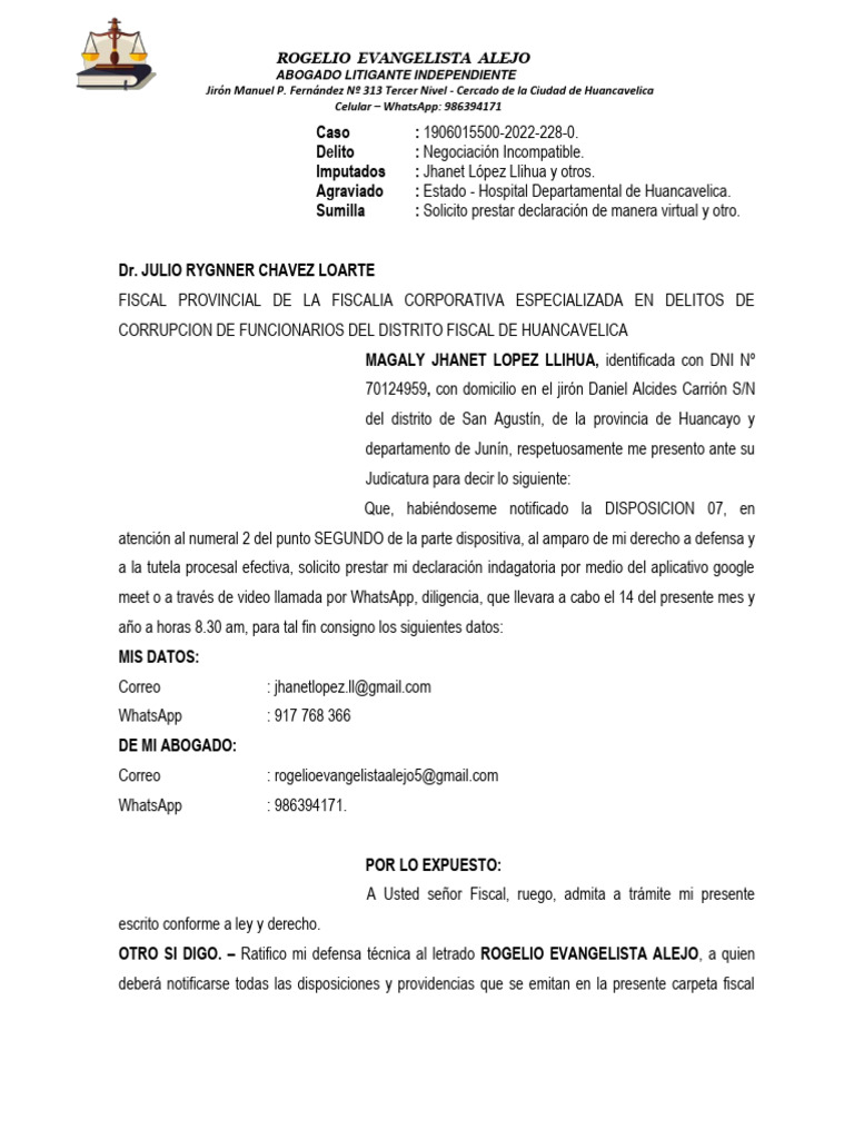 Solicito Prestar Declaracion Por Medio Virtual - Jhanet | PDF | Ley Pública | Instituciones sociales