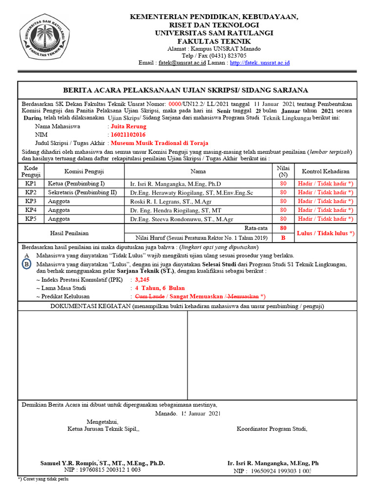 Form 91 Berita Acara Pelaksanaan Ujian Skripsi (Sidang Sarjana) | PDF