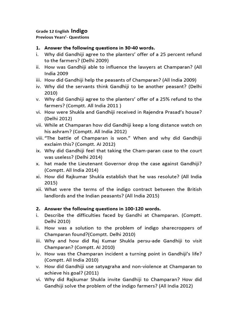 Grade 12 English Indigo Questions | PDF | Mahatma Gandhi | British Raj