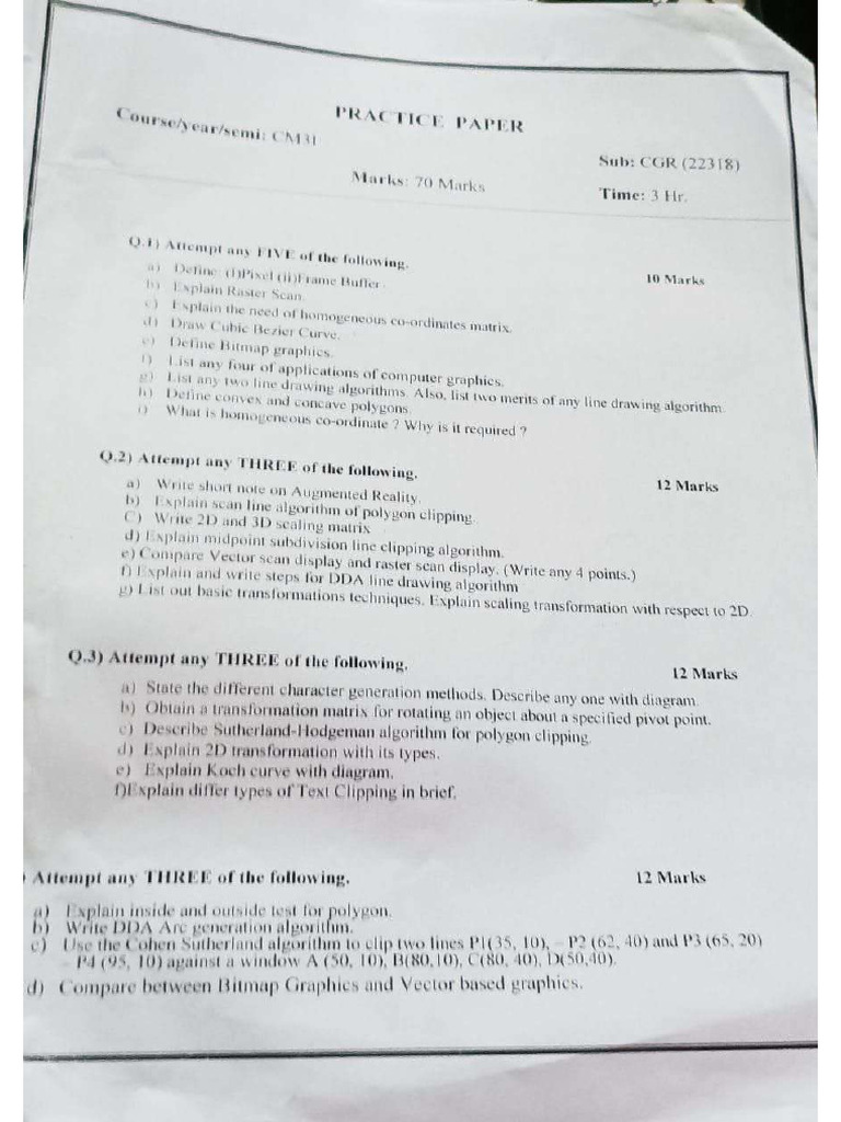 Computer Graphics Using C (CGR) Question Pepae | PDF