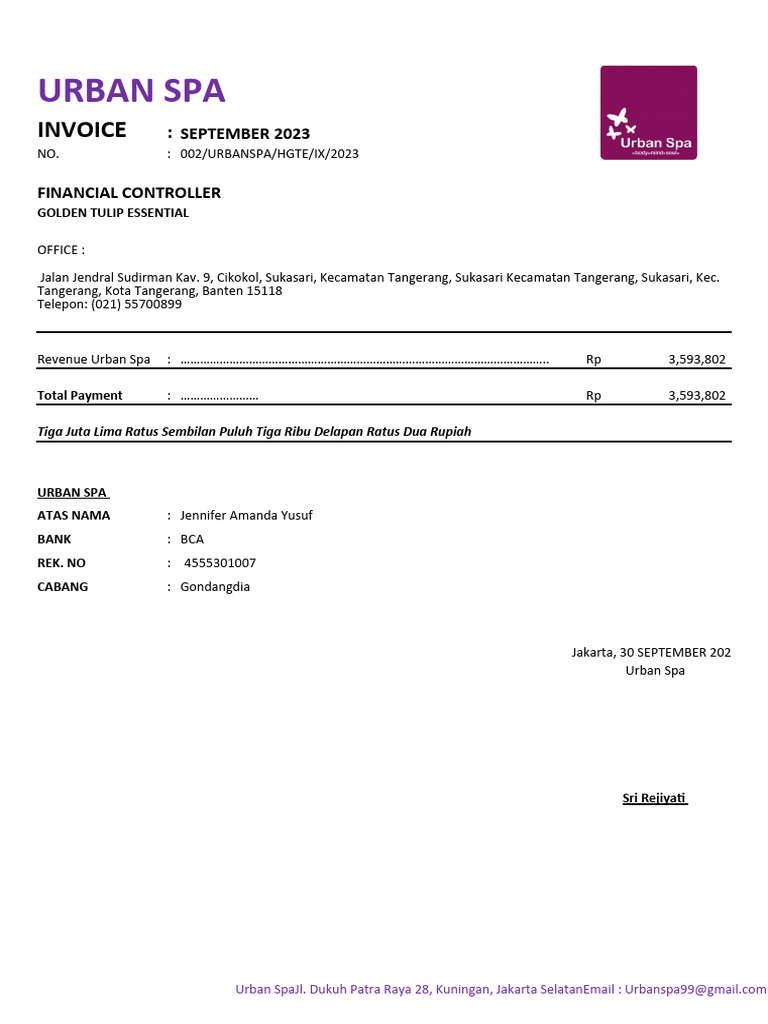 Urban Spa September 2023 Invoice | PDF | Jakarta | Banking