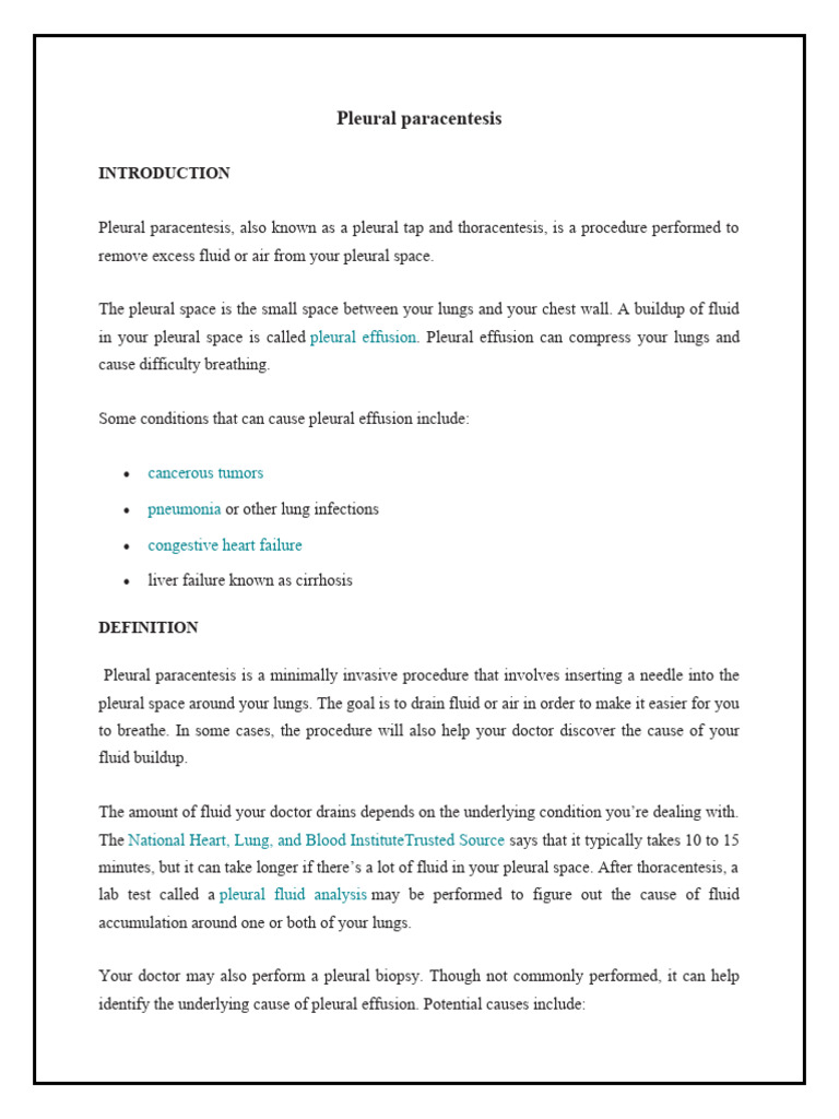 Pleural Paracentesis Procedure Overview | PDF | Clinical Medicine ...