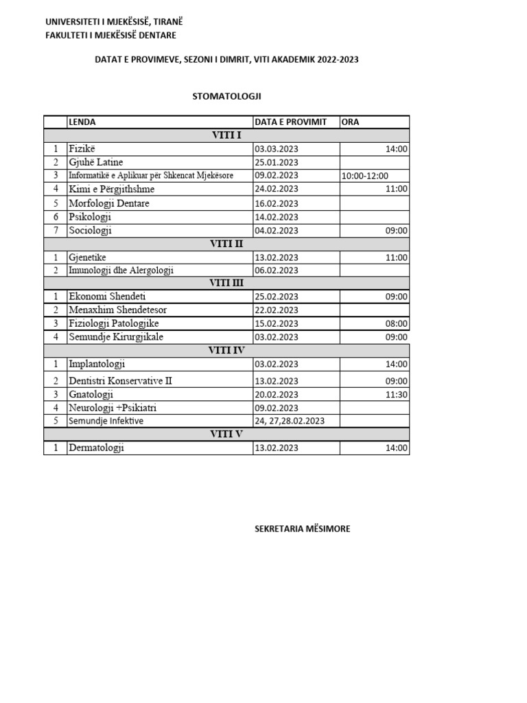 Datat e Provimeve Sezoni I Dimrit Viti Akademik 2022 2023 | PDF