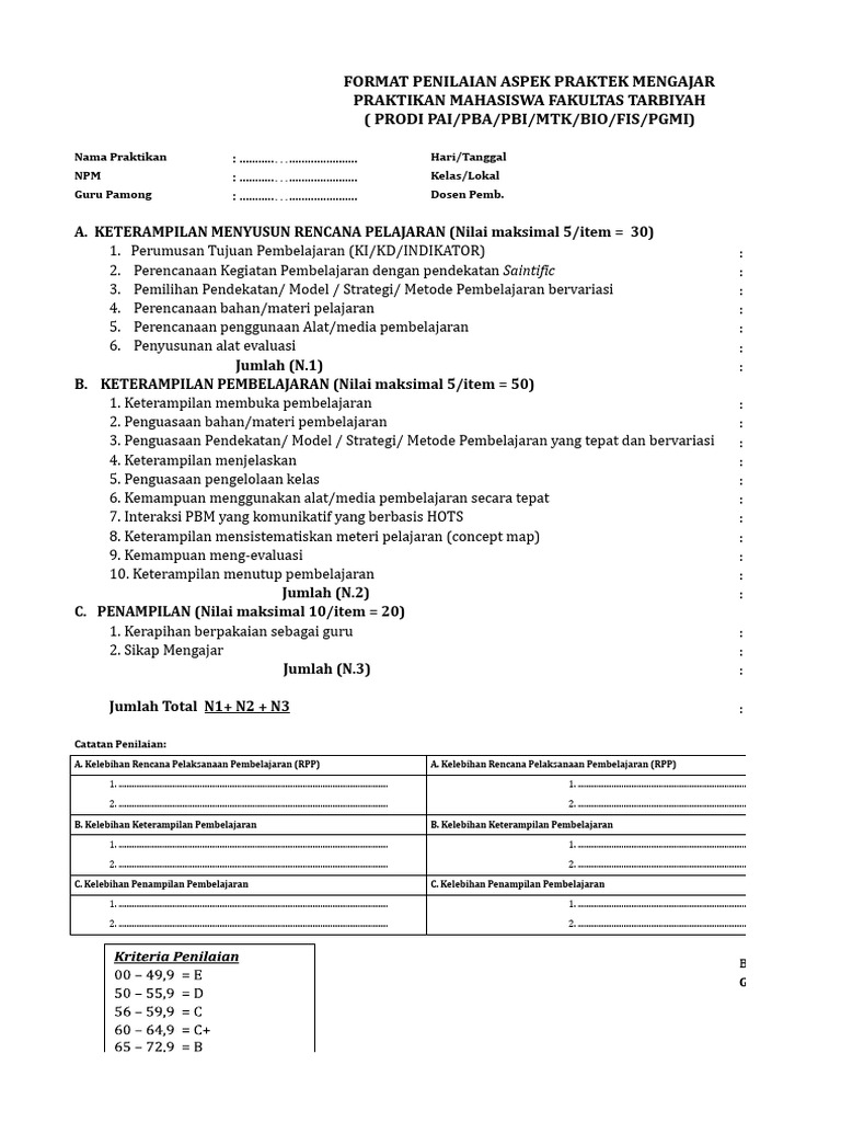 Form Penilaian Utk Prodi Non RA Dan MPI (Guru Pamong) Revisi - XLSX - Nilai Guru Pamong | PDF