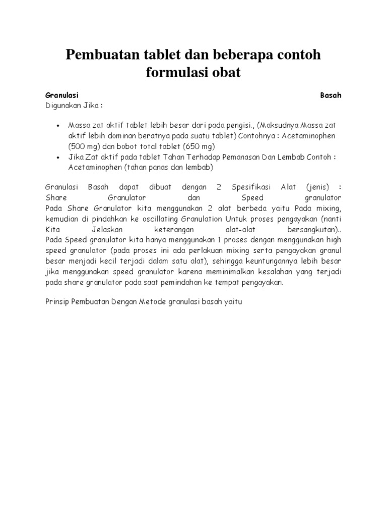 Pembuatan Tablet Dan Beberapa Contoh Formulasi Obat | PDF