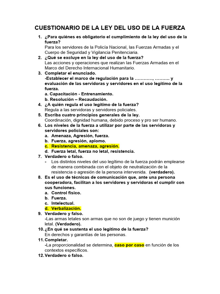 Cuestionario de La Ley Del Uso de La Fuerza | PDF
