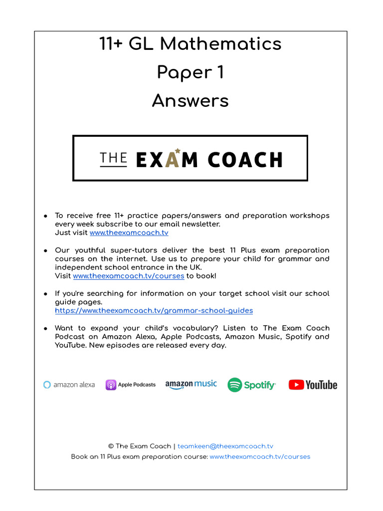 11+ GL Mathematics Paper 1 Answers | PDF | Area
