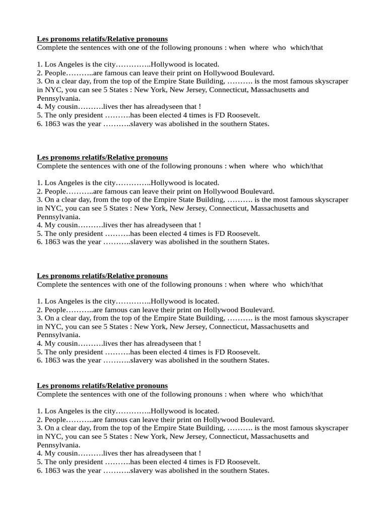 Relative Pronouns Exercise Worksheet | PDF | Politics | Travel