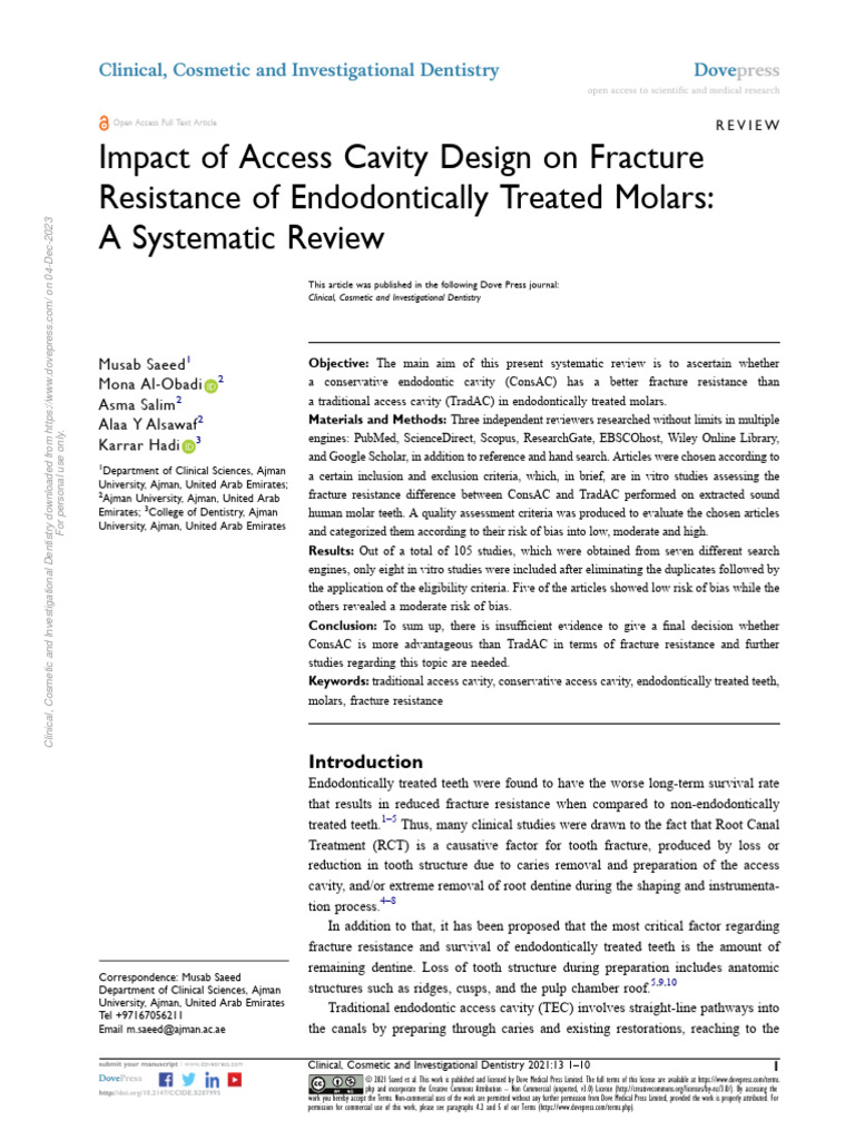 Ccide 287995 Impact Of Access Cavity Design On Fracture Resistance Of End Pdf Systematic