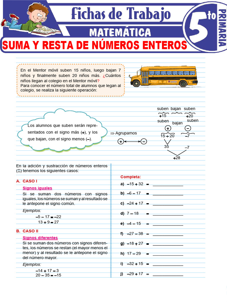 Suma-y-resta-de-numeros-enteros-para-Quinto-Grado-de-Primaria | PDF ...