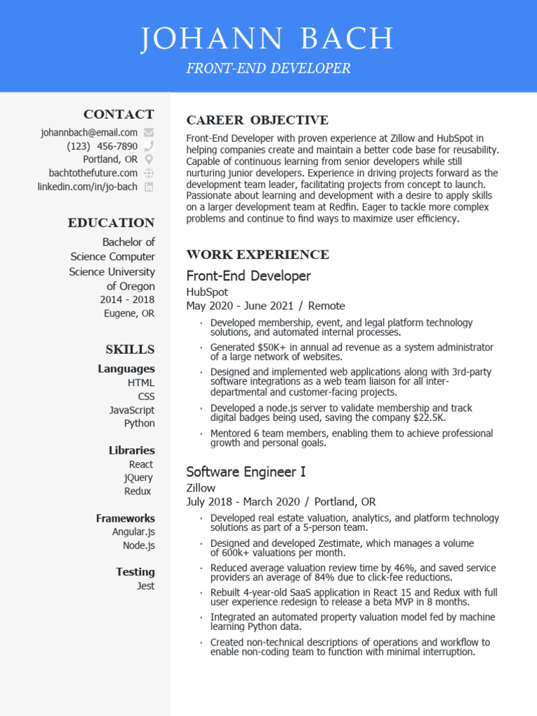 Front End Developer Resume Example | Download Free PDF | Compiler | World Wide Web