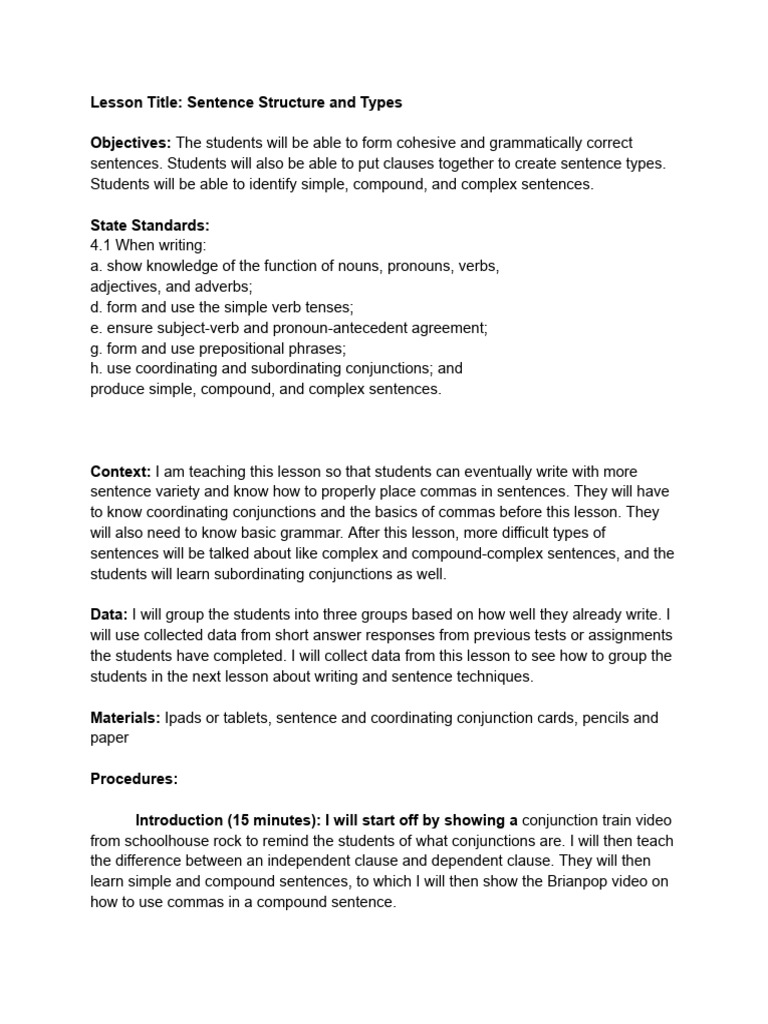 blended lesson plan sentence structure and types 1 | PDF | Human ...