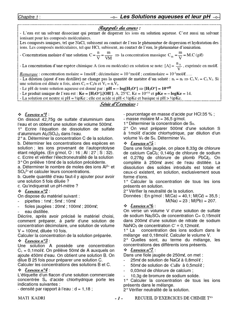Recueil de Chimie Tle Cde | PDF | Ph | Concentration molaire
