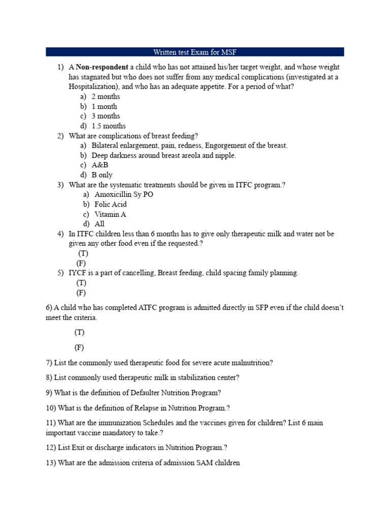 MSF Written Test for Nutrition Exam | PDF | Self-Improvement | Wellness