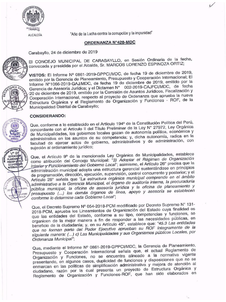 Carabayllo. ROF. Ordenanza Que Aprueba El Reglamento Del ROF, Ordenanza-428-2019-Mdc | PDF