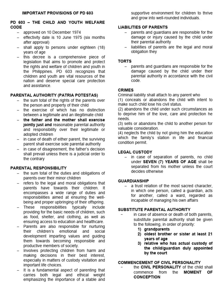 Important Provisions of PD 603 | PDF