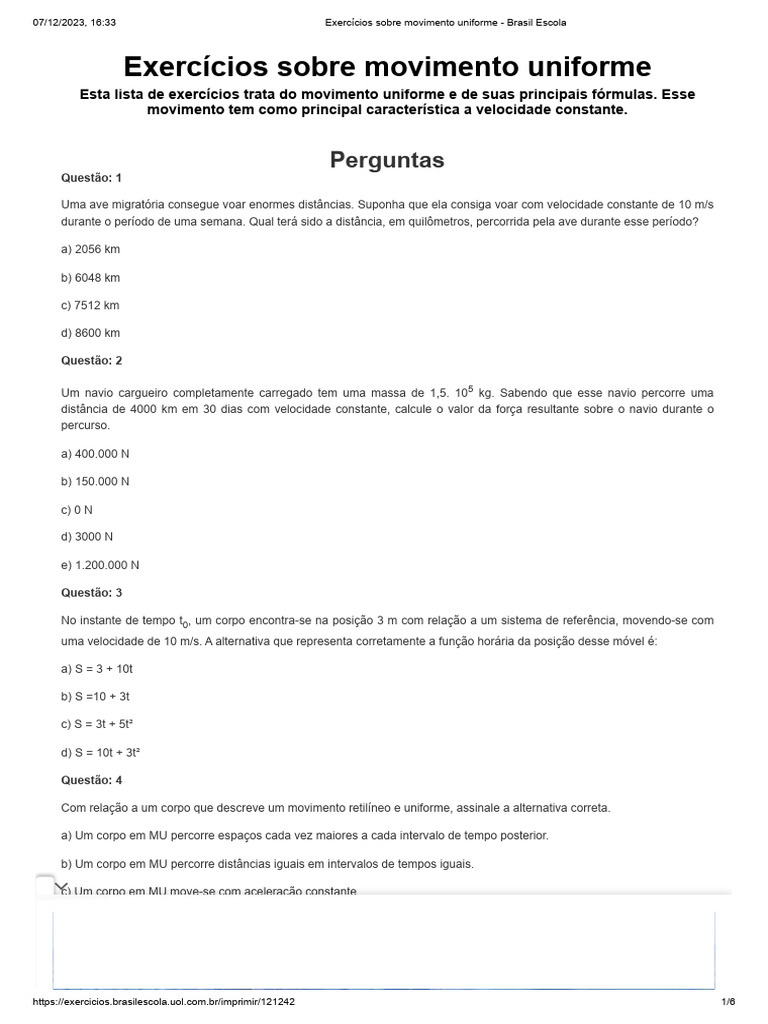 Exercícios Sobre Movimento Uniforme - Brasil Escola | PDF | Velocidade ...