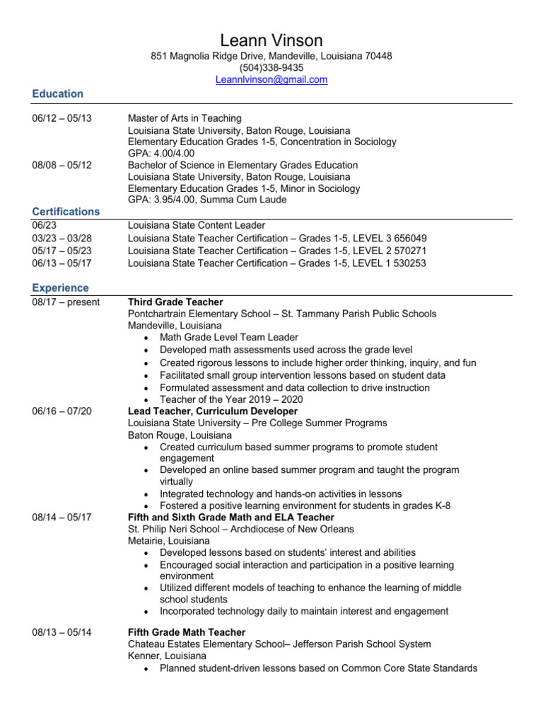 Leannlvinson Resume 2023 Updated 12 | PDF | Teachers | Behavior Modification