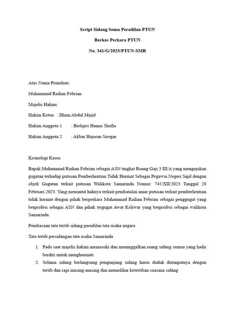 Script Sidang Semu Peradilan PTUN Kelompok 2 | PDF