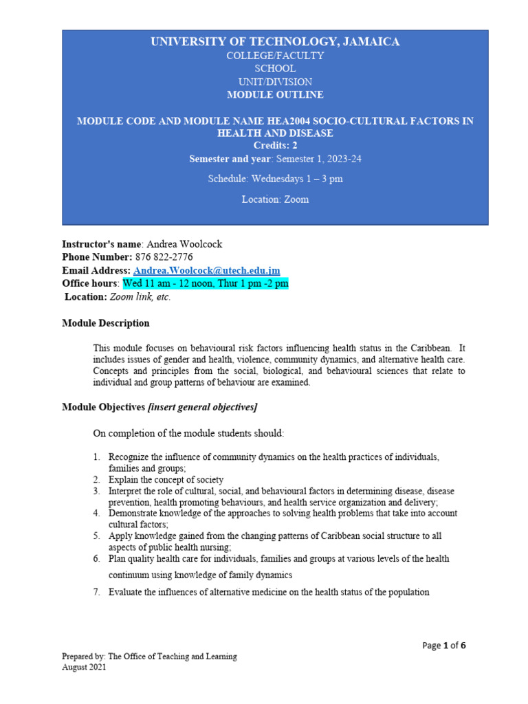 Module Outline Template OTL Aug 30 2023 - Socio Culture | PDF | Alternative Medicine | Community
