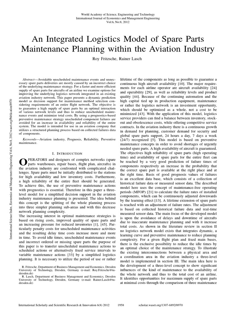 An Integrated Logistics Model of Spare Parts Maintenance Planning ...