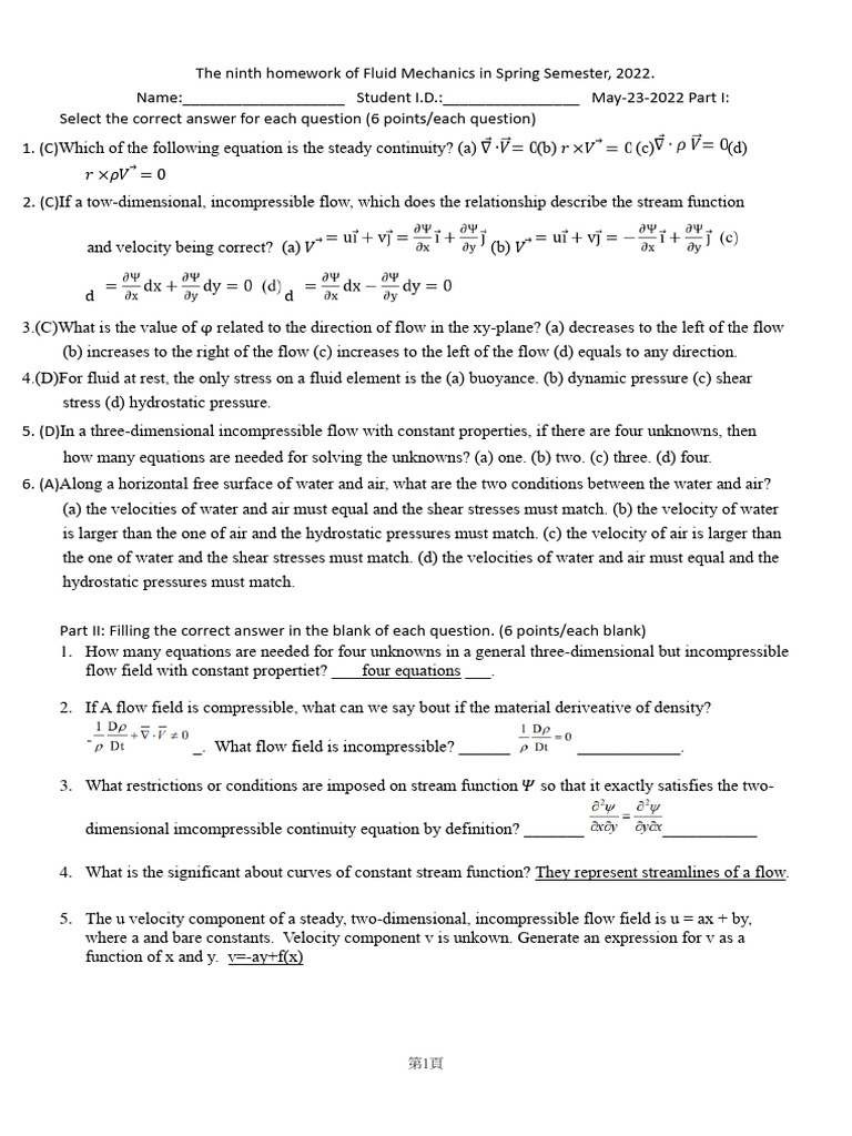 The Ninth Homework of Fluid Mechanics in Spring Semester (題目含解答) | PDF | Fluid Mechanics | Fluid ...