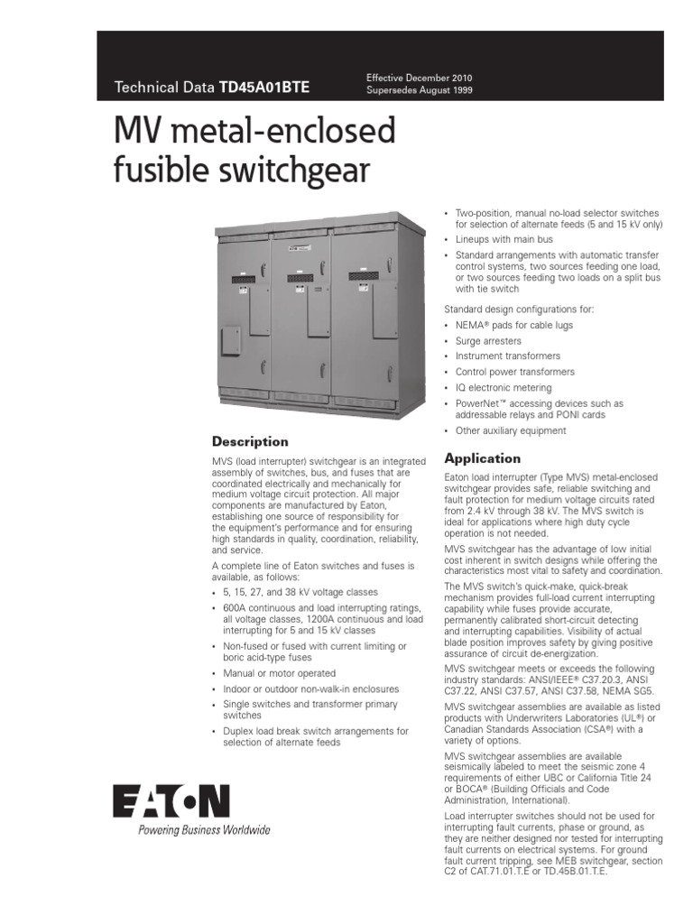 Medium Voltage Metal Enclosed Switch Technical Data Td45A01bte | PDF ...
