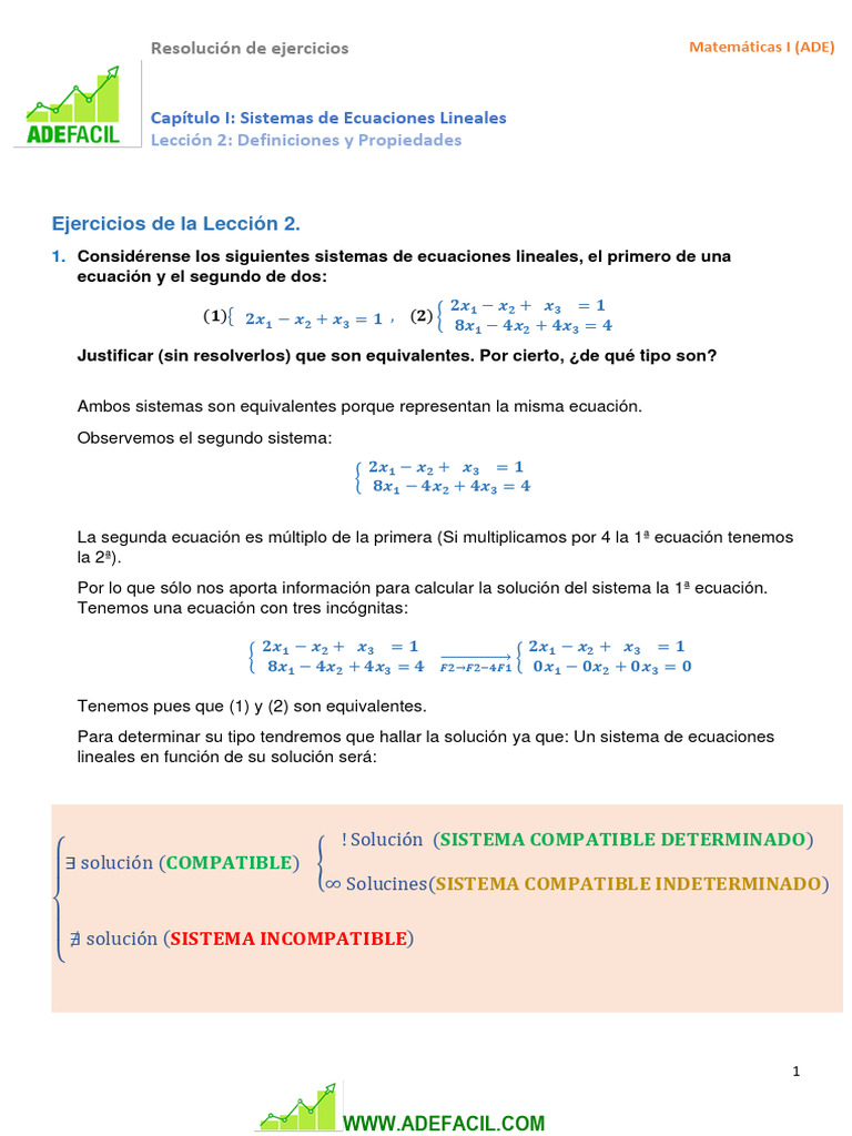 Cap.1 Resolucion Ejercicios Leccion2 | PDF | Matriz (Matemáticas) | Ecuaciones