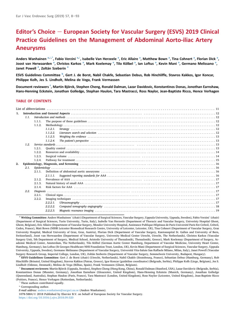 ESVS 2019 Guidelines on the Management of Abdominal Aorto-iliac Artery ...