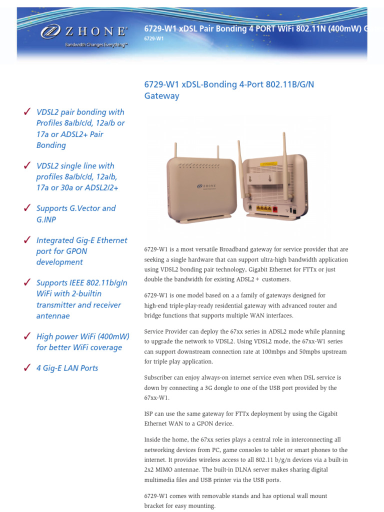 Zhone 6729-W1 VDSL2 WiFi Gateway | PDF