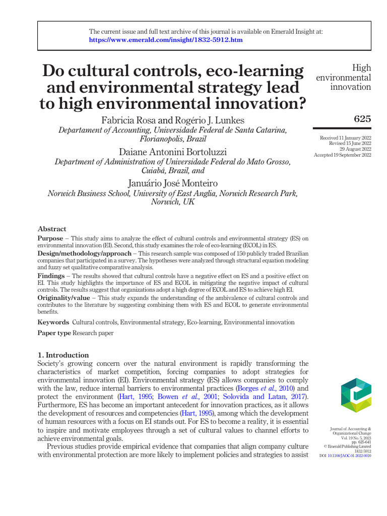 Do Cultural Controls, Eco-Learning and Environmental Strategy Lead To High Environmental ...