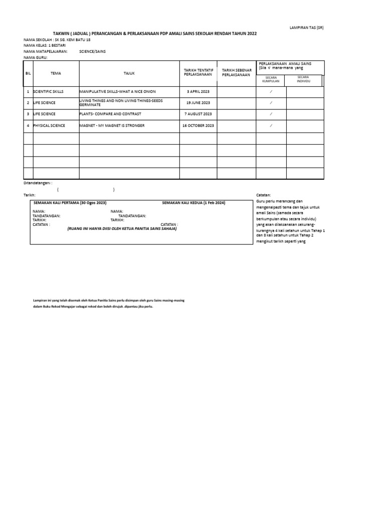 Borang Kosong Takwim Amali Sesi 2022 Dan 2023 | PDF