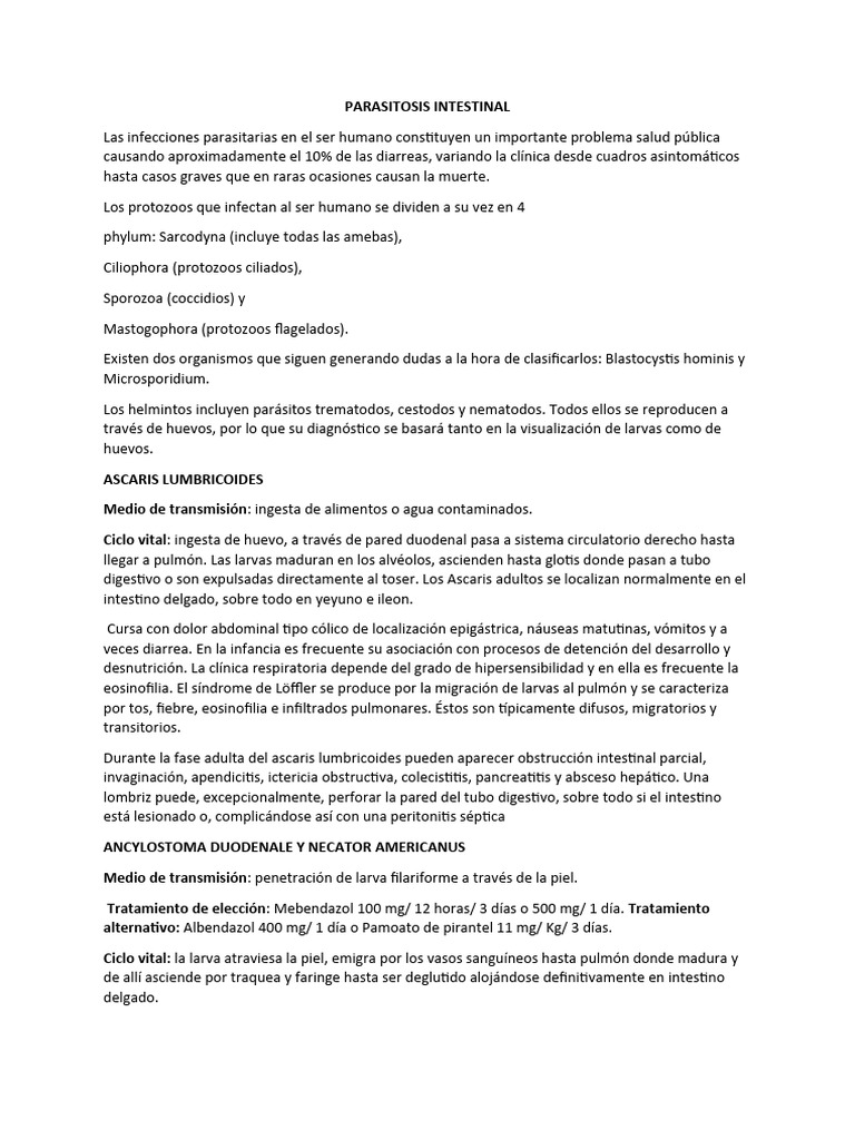 PARASITOSIS INTESTINAL | PDF | Diarrea | Medicina CLINICA