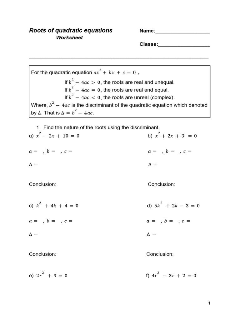 Roots of Quadratic Equations (Worksheet) | PDF | Mathematics | Algebra