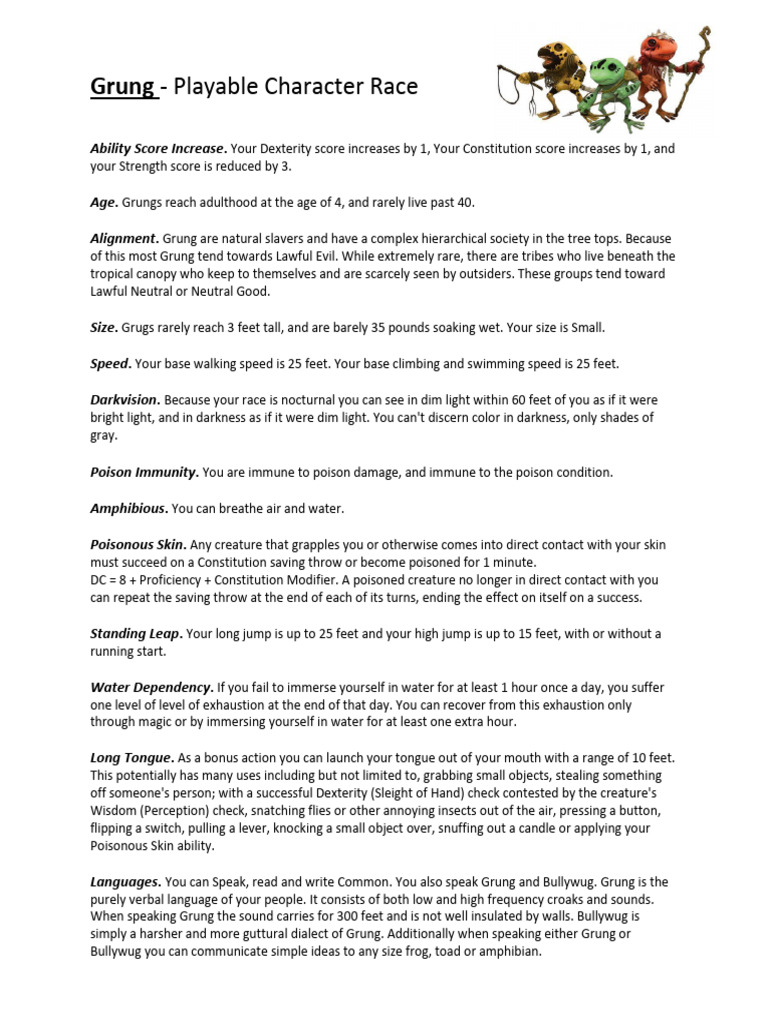 Grung - Playable Character Race: Ability Score Increase | PDF | Wellness
