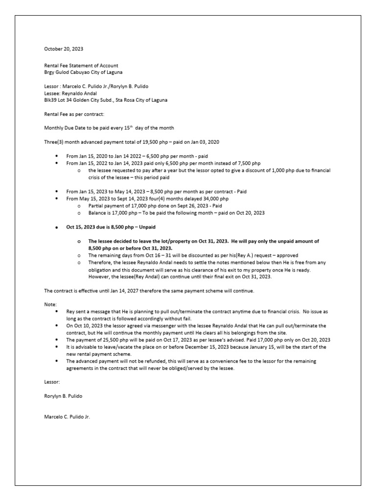 Farm Lot Rental SOA 102023 | PDF | Lease | Contract Law