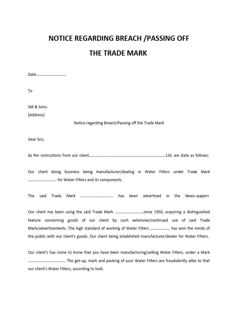 Notice Regarding Breach Passing Off The Trade Mark | PDF | Business ...