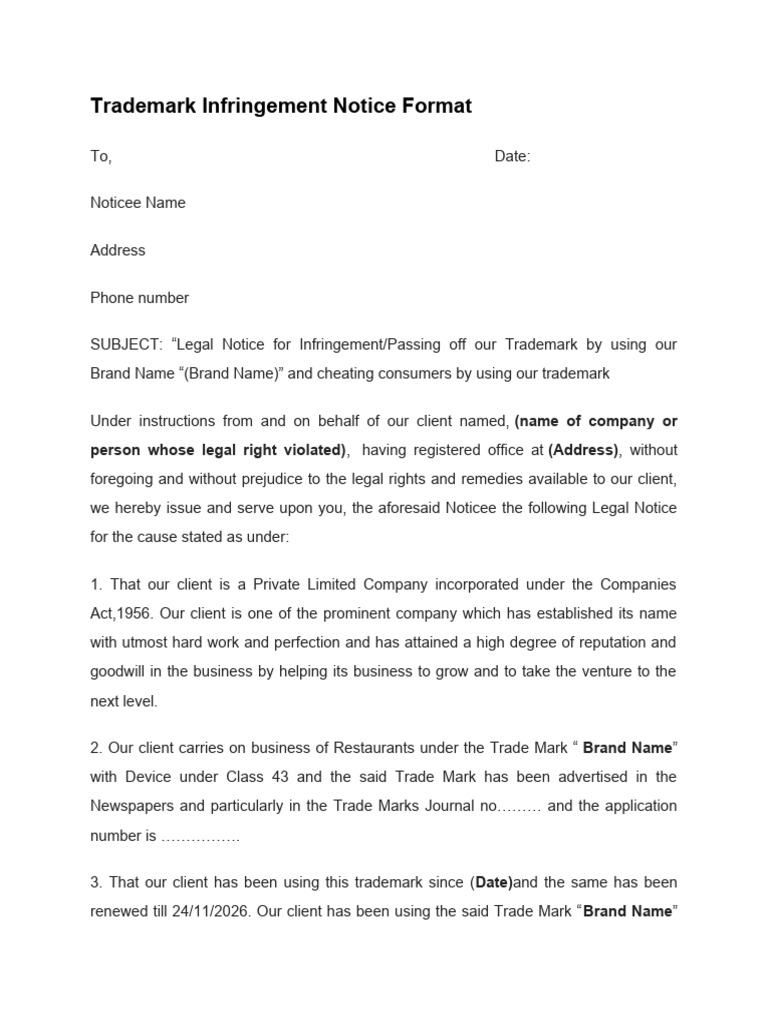 Trademark Infringement Notice Format | PDF | Trademark | Brand