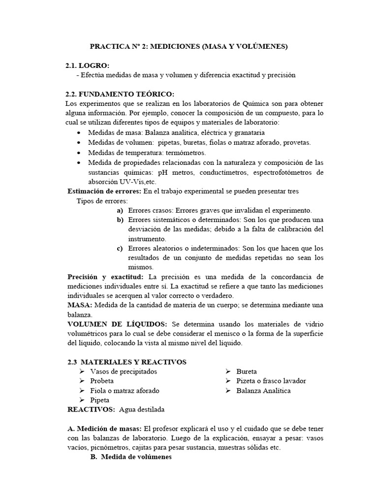 Practica #2 Medicion de Masa y Volumen-1 | PDF | Exactitud y precisión ...